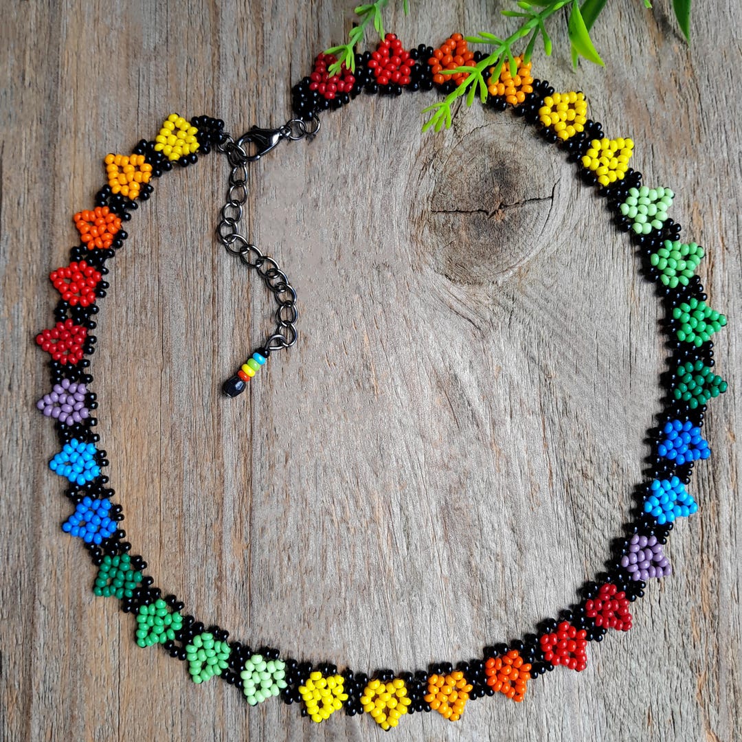 Black Net Necklace With Rainbow Hearts - Seed Bead Choker Collar ...