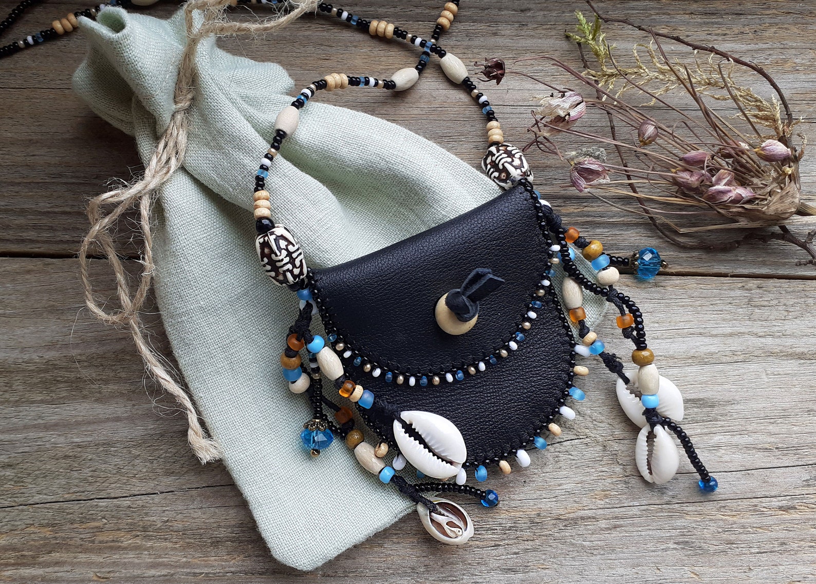 Medicine Bag Leather Amulet Bag Women Black Necklace Bag | Etsy