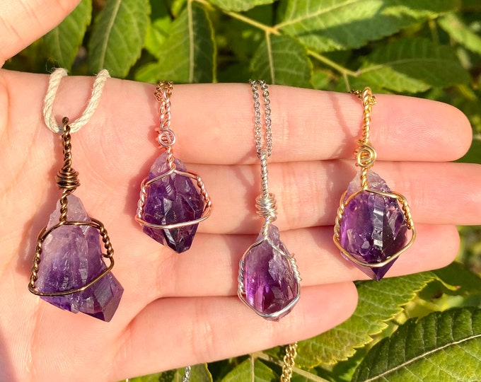 Small-medium Amethyst Healing Crystal Necklace, Amethyst Wire Wrap ...