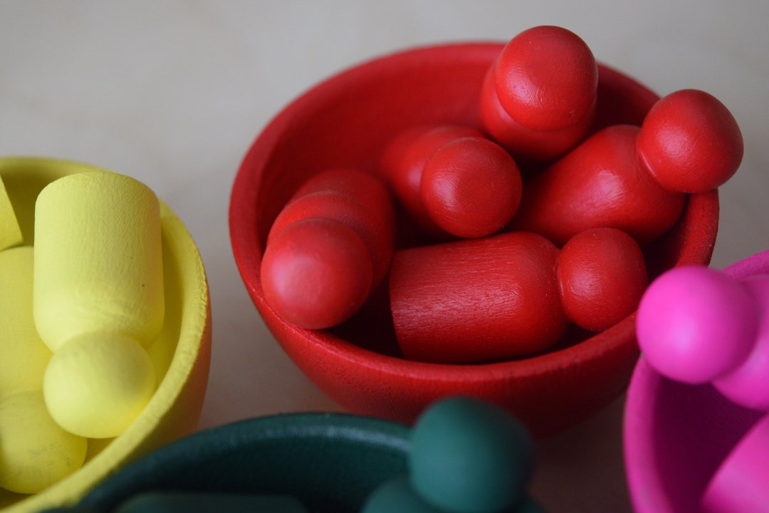 Montessori Rainbow Peg Babies W/ Matching Bowls: Wooden Dolls, Rings ...