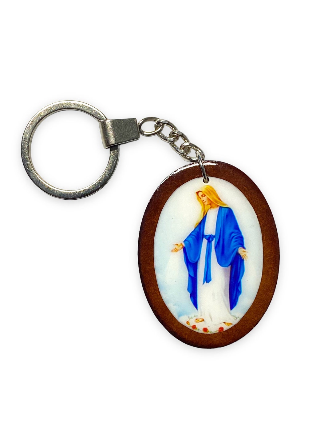 Our Lady of Grace Virgin Mary Wooden Oval Keychain Keepsake Collectible ...