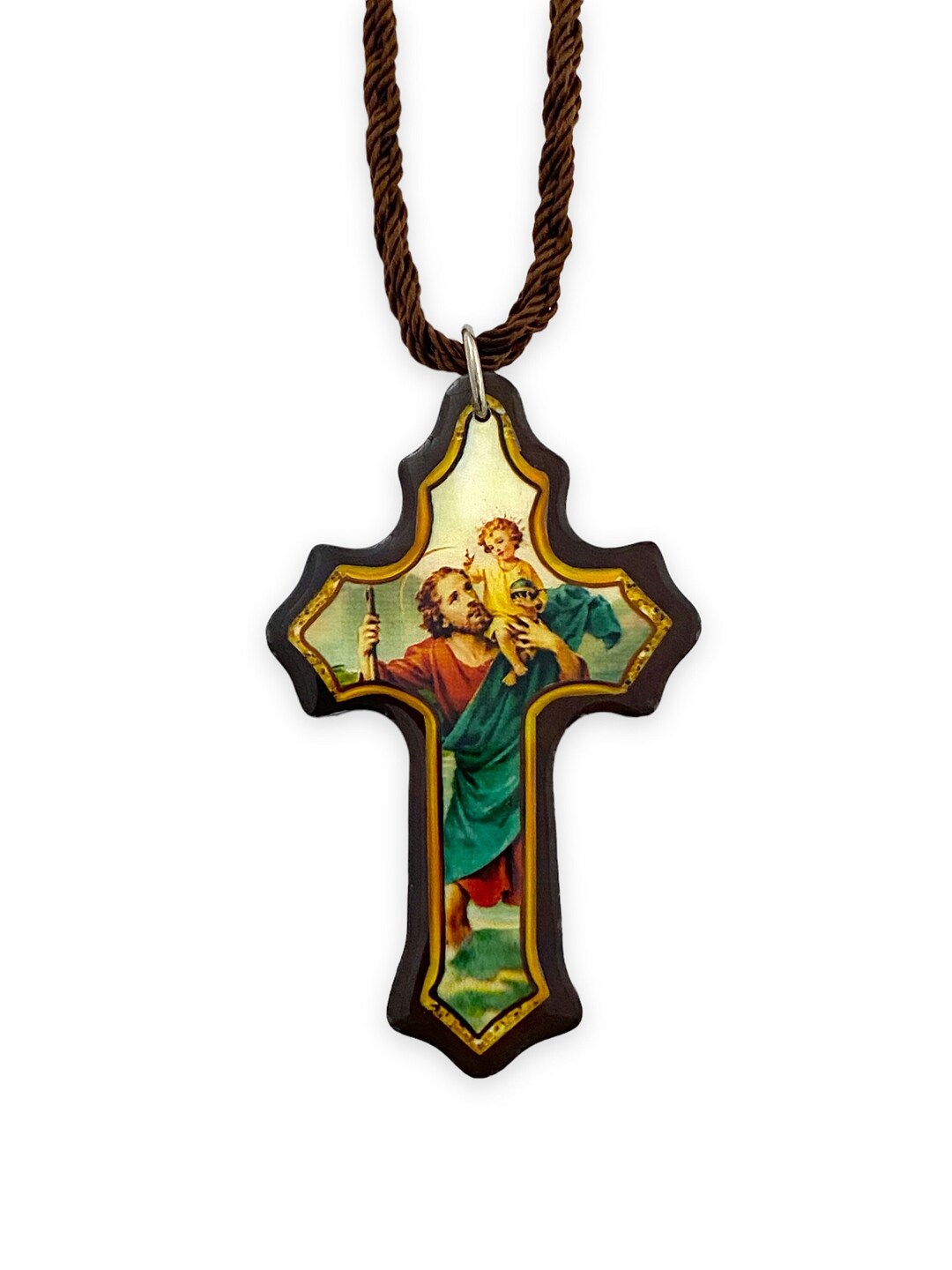 St Christopher & Christ Jesus Brown Wood Scapular Necklace Cross ...