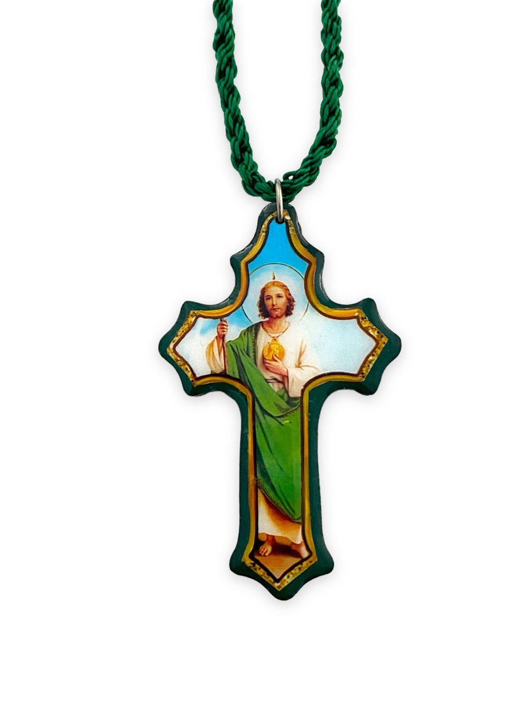 St Jude Thaddeus Green Wood Scapular Necklace Cross Pendant Corded San ...