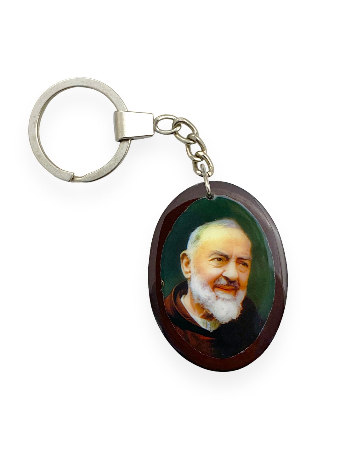 Padre Pio of Pietrelcina Wooden Brown Oval Keychain Keepsake ...