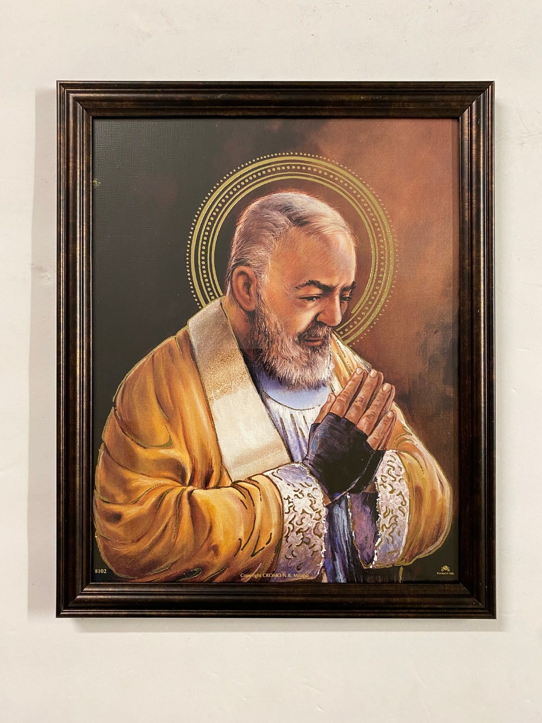 Padre Pio Saint Pius of Pietrelcina Picture Bronze Brown Frame Wall Art ...