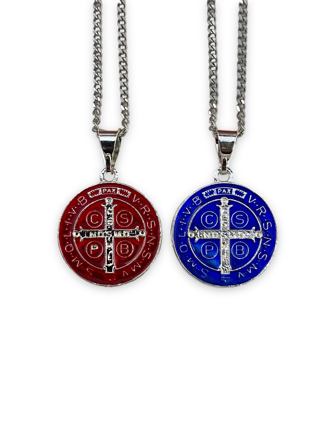 St. Benedict Red Blue Medal Silver Stainless Steel Pendant Charm ...
