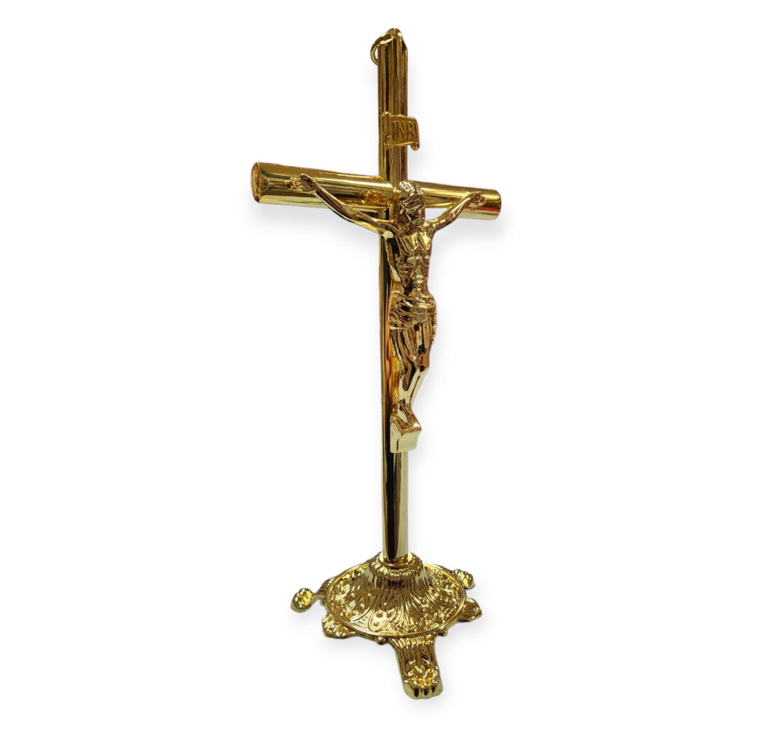 Gold Toned Metal Standing Cross Crucifix With Stand 12 Catholic ...