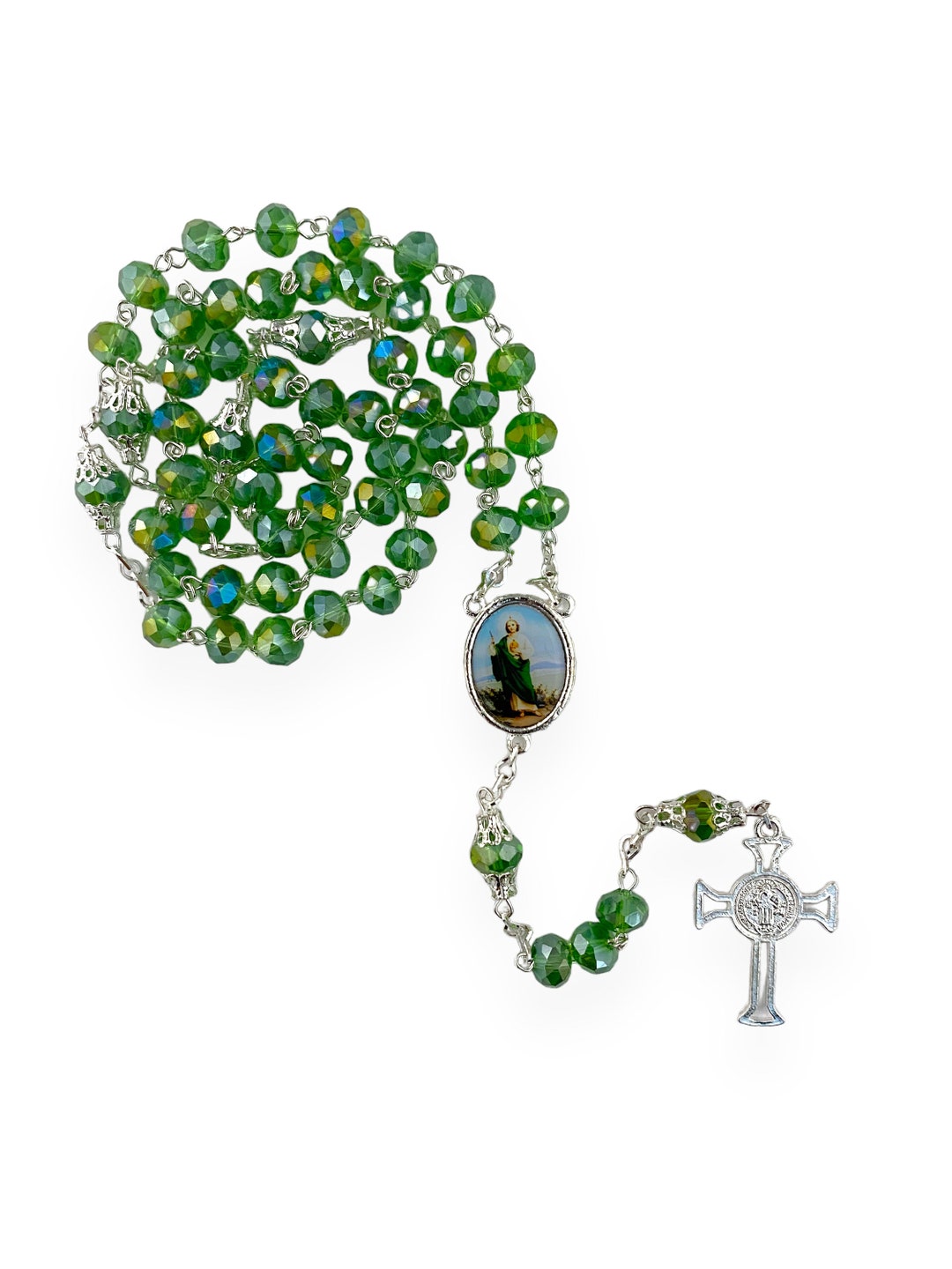 St. Jude Thaddeus Green Crystal Beads Rosary Necklace Daily Prayer San ...