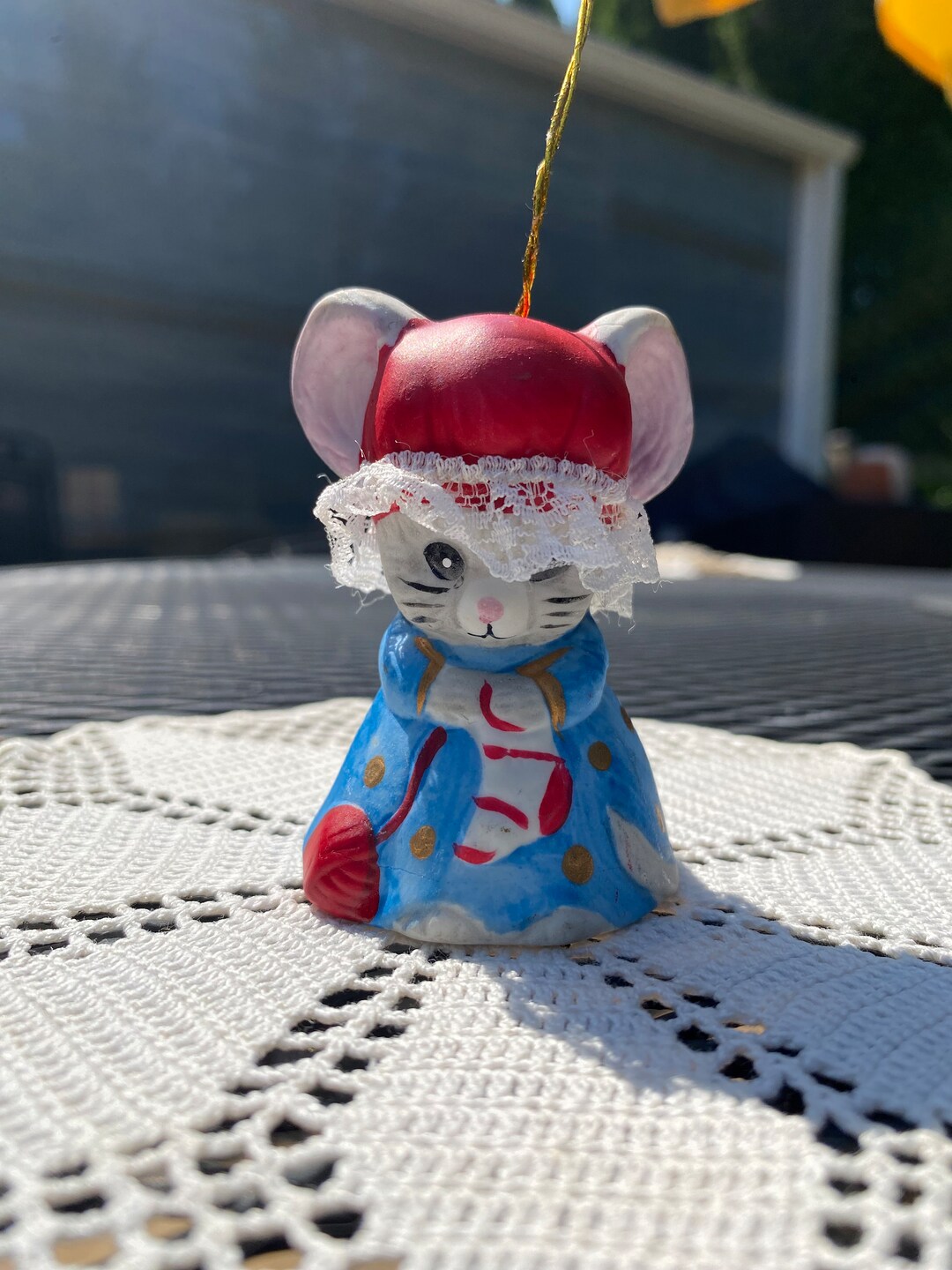 Vintage Christmas Mouse Bell // Knitting Bonnet With Lace Porcelain ...