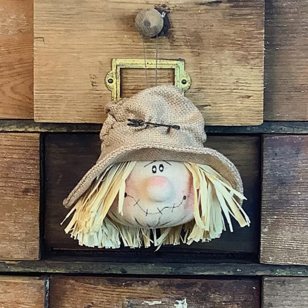 Scarecrow Head - Rustic Fall Ornament, Soft Sculpture Art - Handcrafted ...