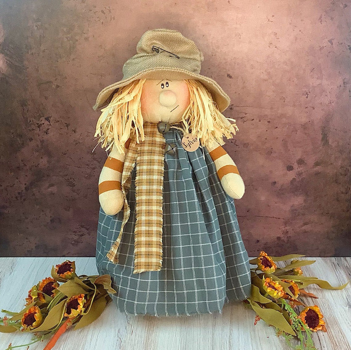 Scarecrow Doll Soft Sculpture: Blue Dress & Tan Hat - 14 Inch Handmade ...