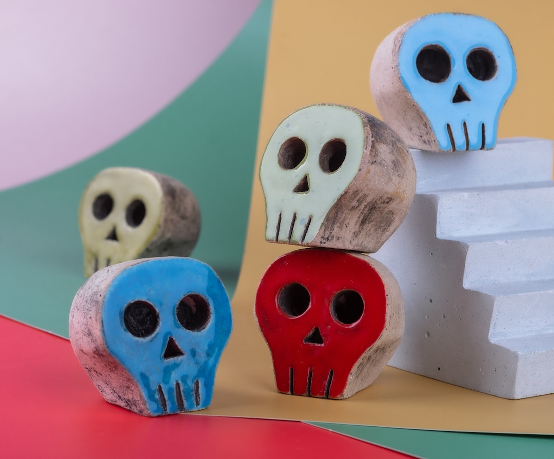 Handmade Ceramic Skull Figurine: Painted Halloween Decor - Etsy