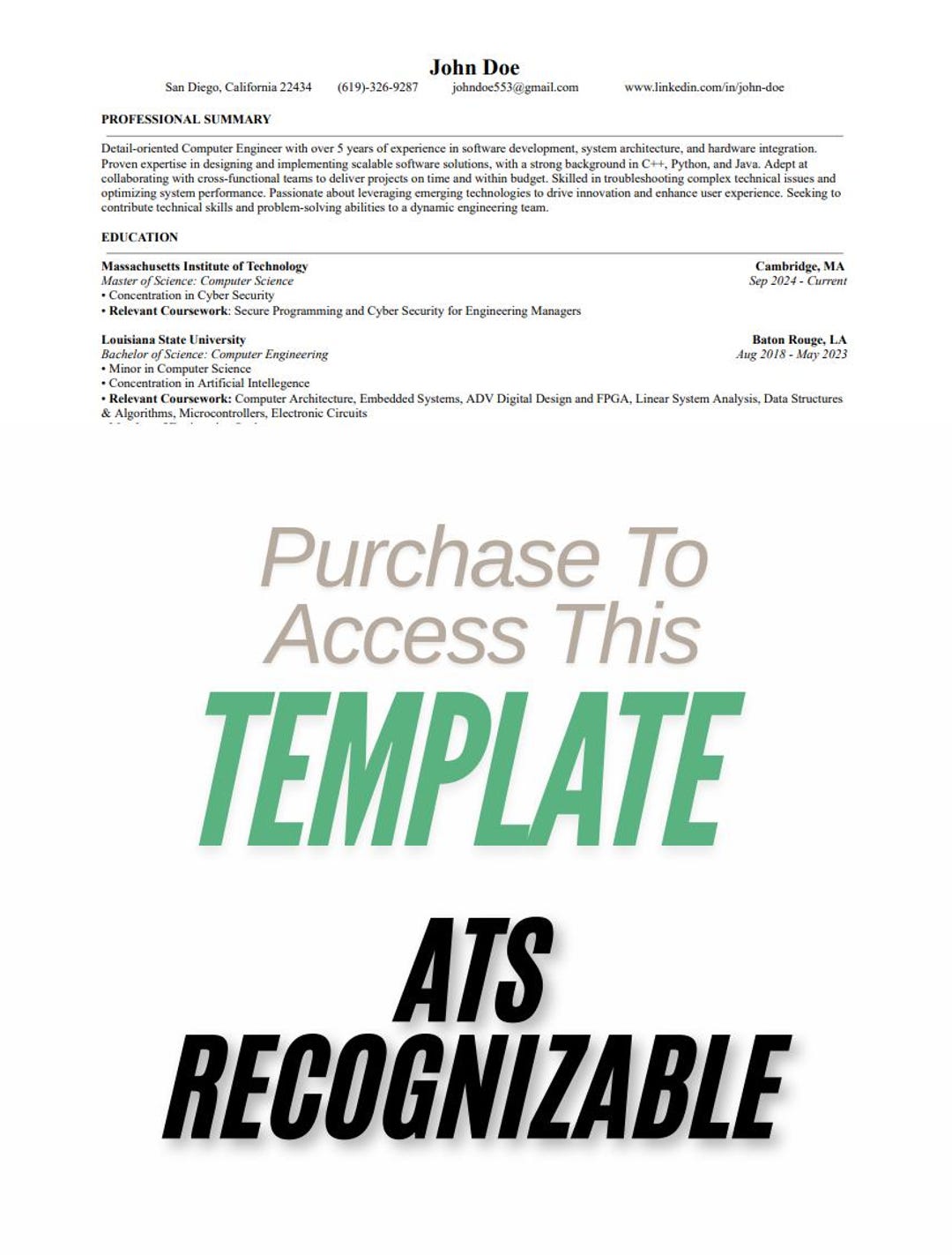 Simple ATS Recognizable Resume Template for CS, Engineers, Information ...