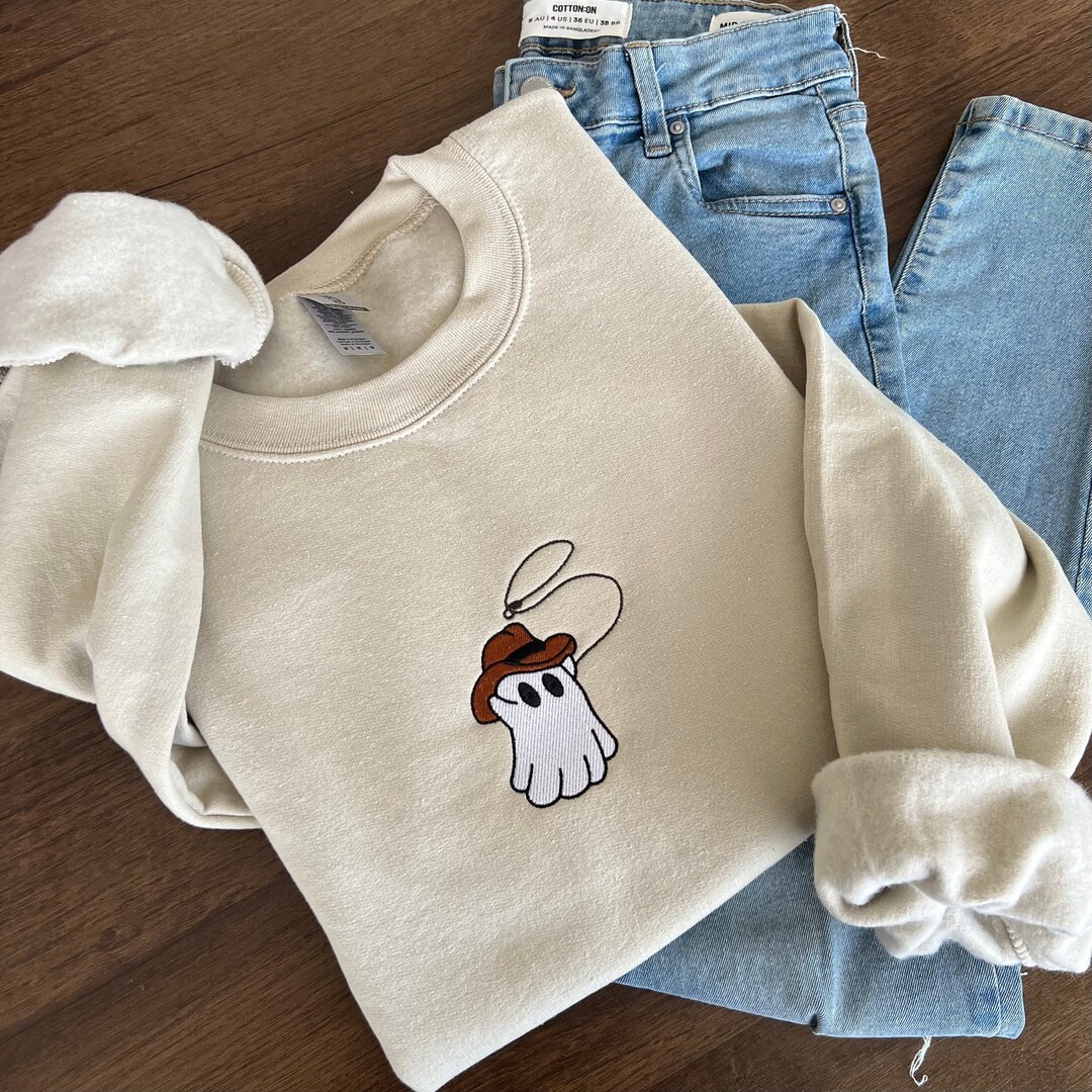 Embroidered Ghost Sweatshirt, Cowboy Ghost, Cute Ghost, Fall Hoodie ...