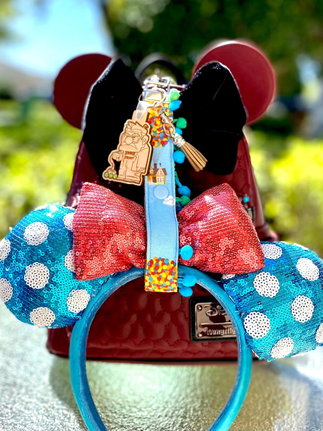 Disney Ear Holder for Backpack Pixar up Carl W/ Custom Charm Minnie Ear ...