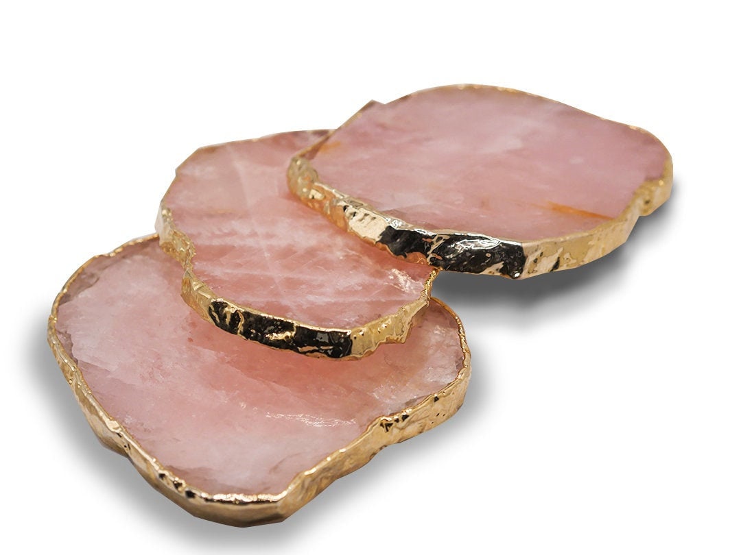 Rose Quartz Coaster | Sold Individually | Gold Finish Edges | Natural ...