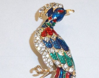 Bird Pin, 4 1/4l, Peacock or Bird of Paradise Pin, Red, Green Enamel W ...