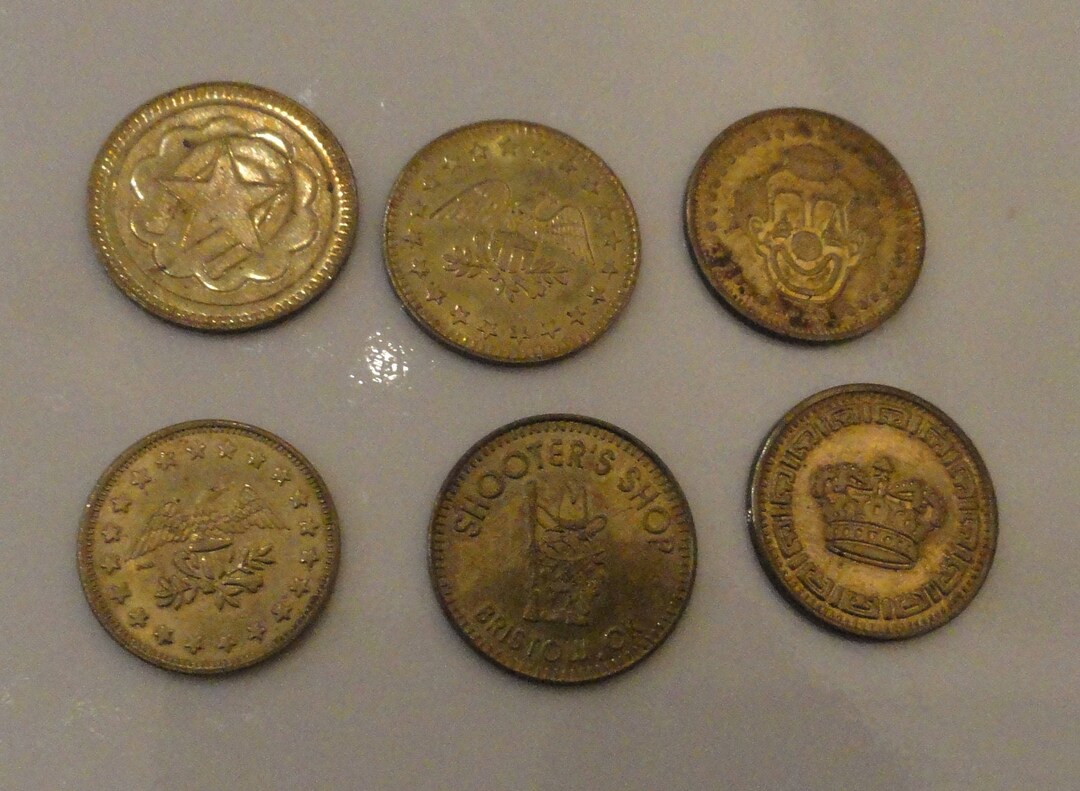 6 Different Brass Tokens- Horseshoe W Star, Clown, Small Eagle, Lg ...