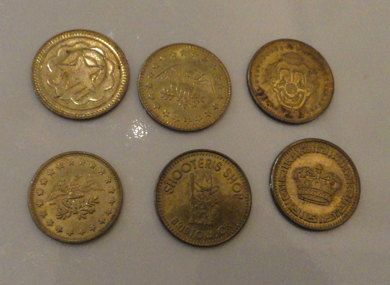 6 Different Brass Tokens Horseshoe W Star, Clown, Small Eagle, Lg Eagle ...