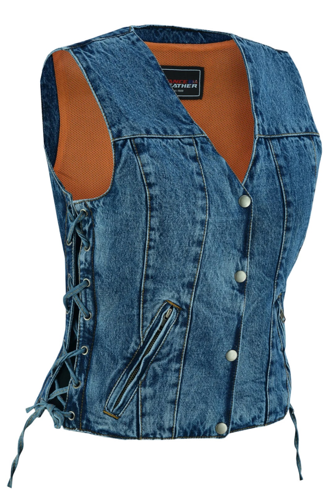 Womens Blue Denim V Neck With Snap Opening & Side Laces Motorcycle Vest ...