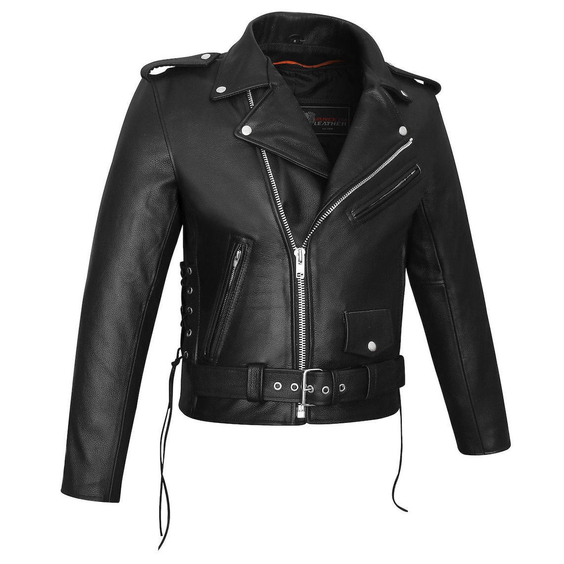 Men's Premium Classic Police Style Motorcycle Black Leather Jacket W ...