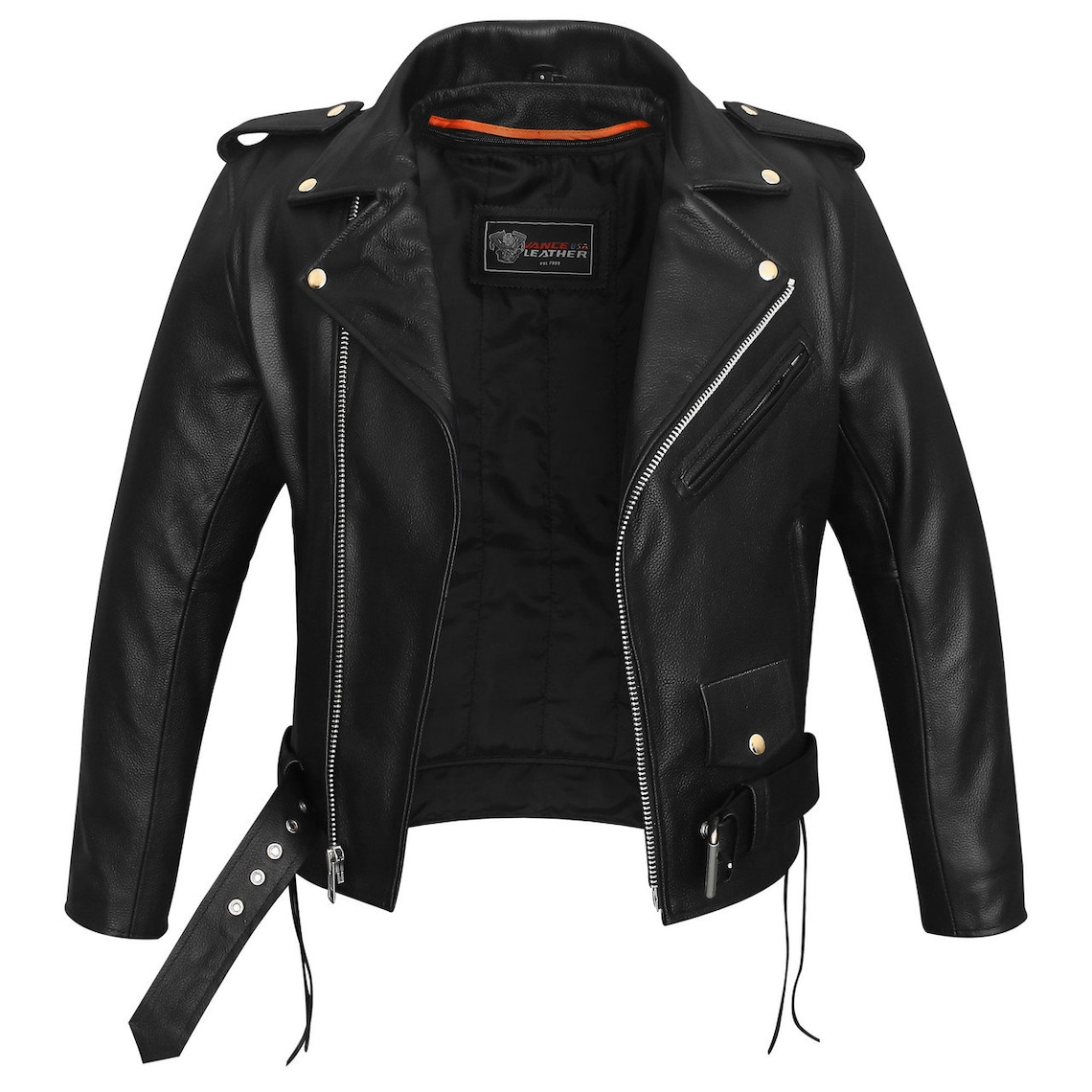 Men's Premium Classic Police Style Motorcycle Black Leather Jacket W ...