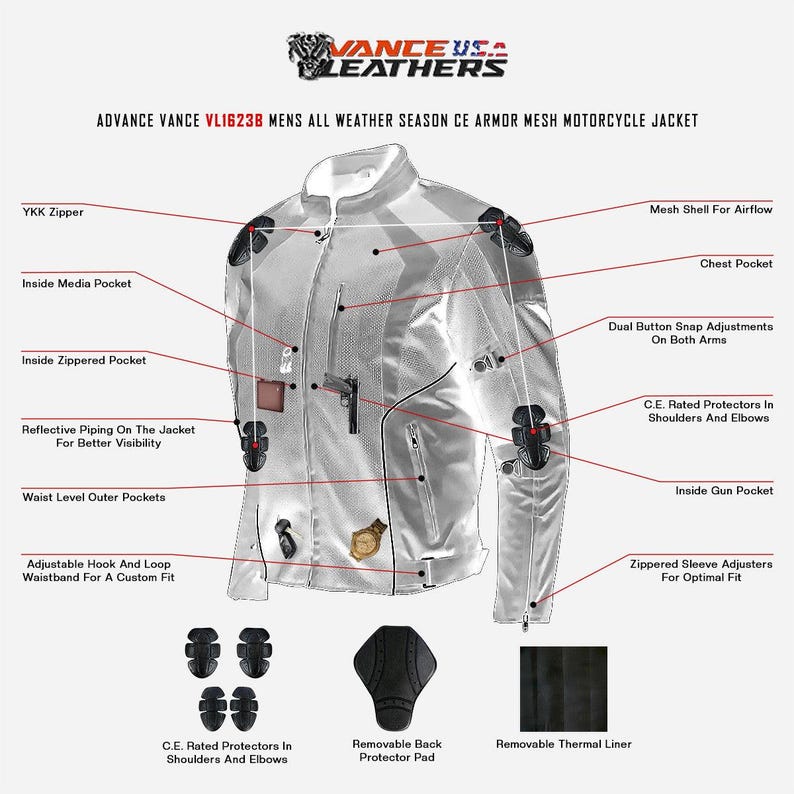 Vance Textiles Mens All Weather Season CE Armor Mesh Motorcycle Jacket ...