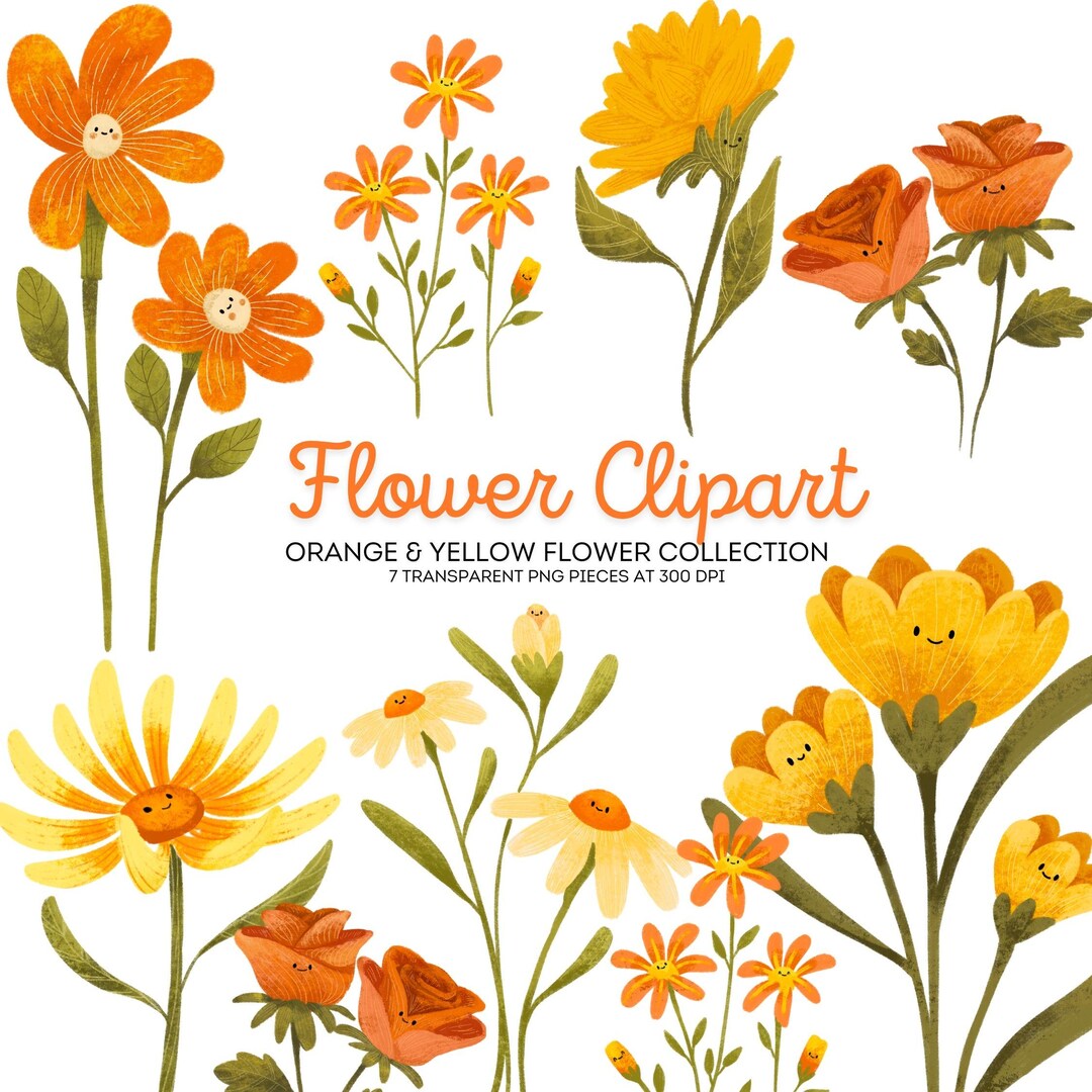 Orange Flower Clipart Set of Yellow Flowers Illustration Hand-drawn ...