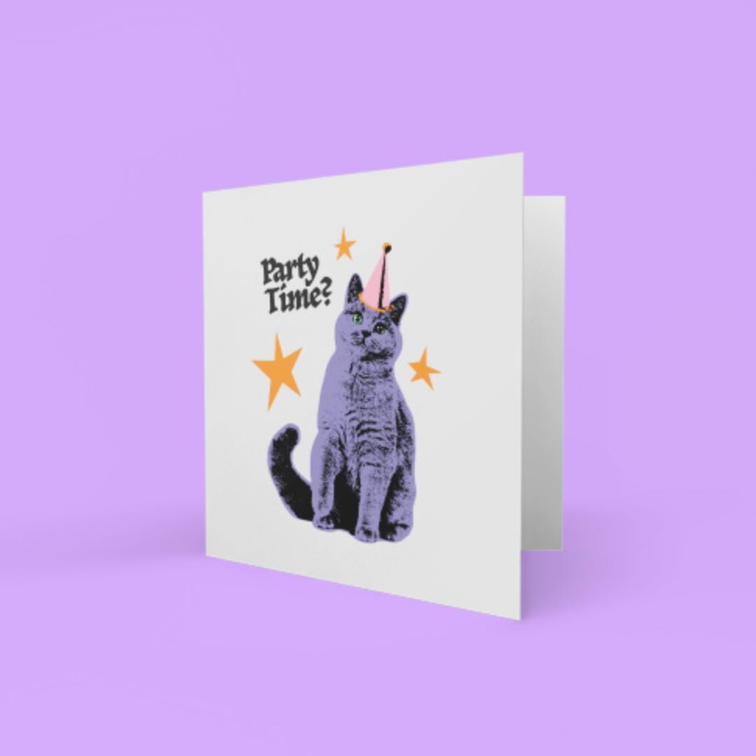 Cat Themed Birthday Card PARTY TIME Cute Cat Card Cat Birthday Card Cat ...