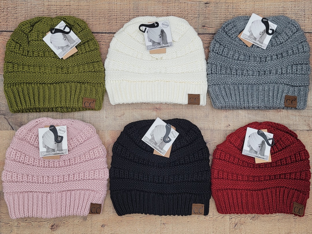 C.C Exclusives Cable Knit Messy Bun Ponytail Criss-cross Beanie - Etsy