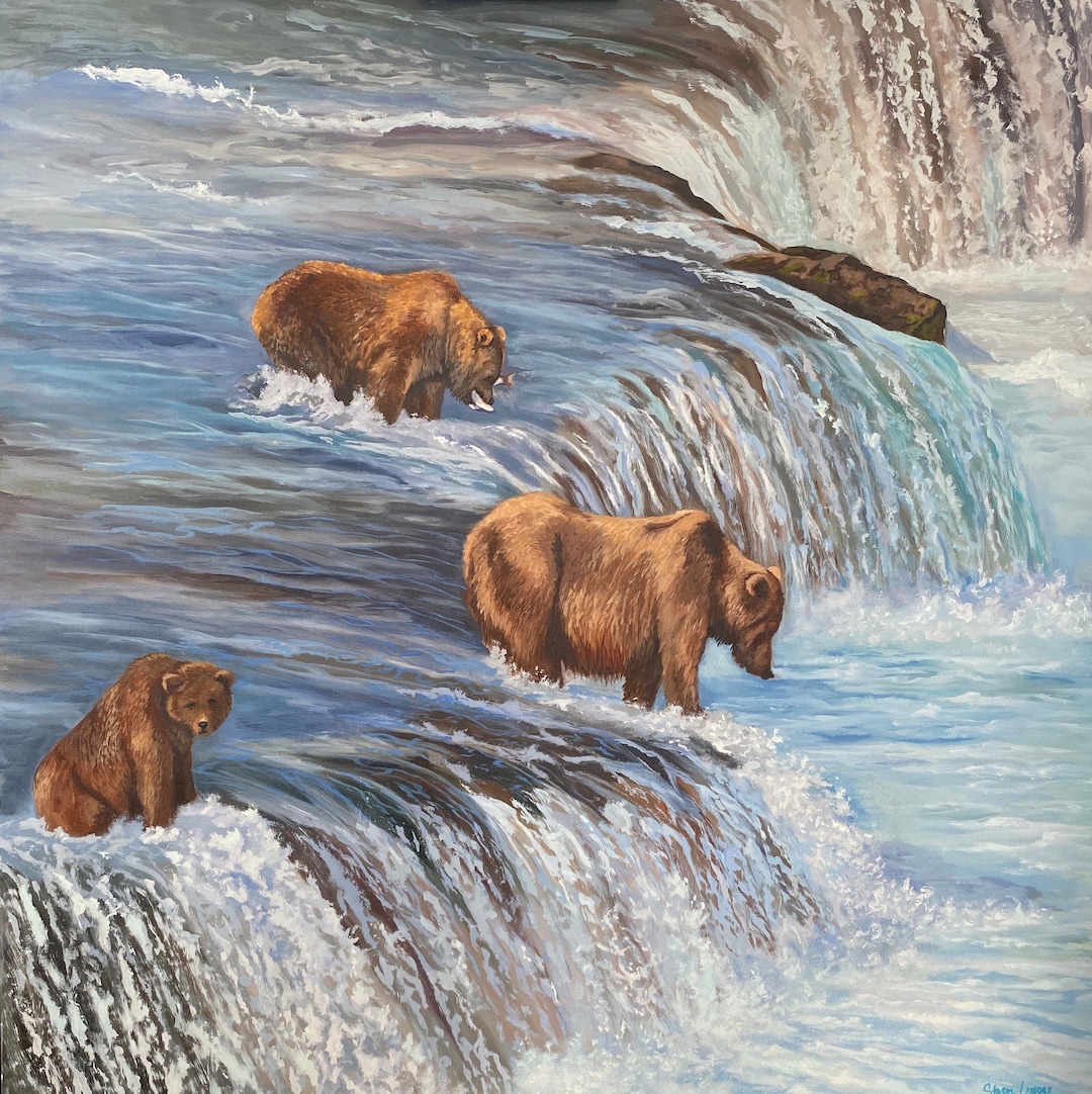 36x36 Original Oil Painting of Alaskan Brown Bears Fishing. - Etsy