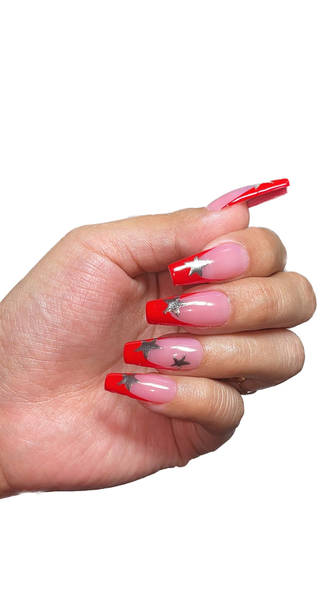 Chrome Star Red French Tip Nails - Etsy