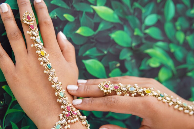 Pakistani Indian Punjabi Handcrafted Gold Polki Adjustable Hand Jewelry Bracelet Ring Dilkash ...