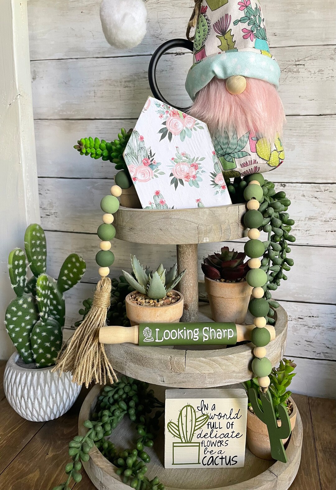 Cactus Decor Bundle, Summer , Set of 3, Summer Tiered Tray, Green ...