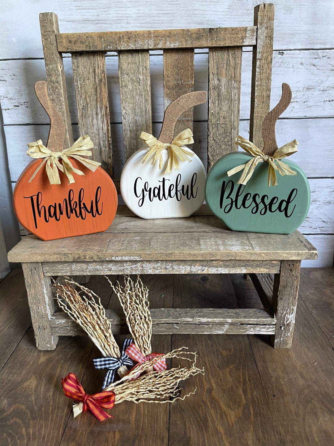 Wood Pumpkins, Thankful Grateful Blessed Pumpkin Trio, Wood Pumpkins ...