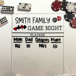 Dry Erase Game Night Score Card Family Fun Board Kids Personalized ...