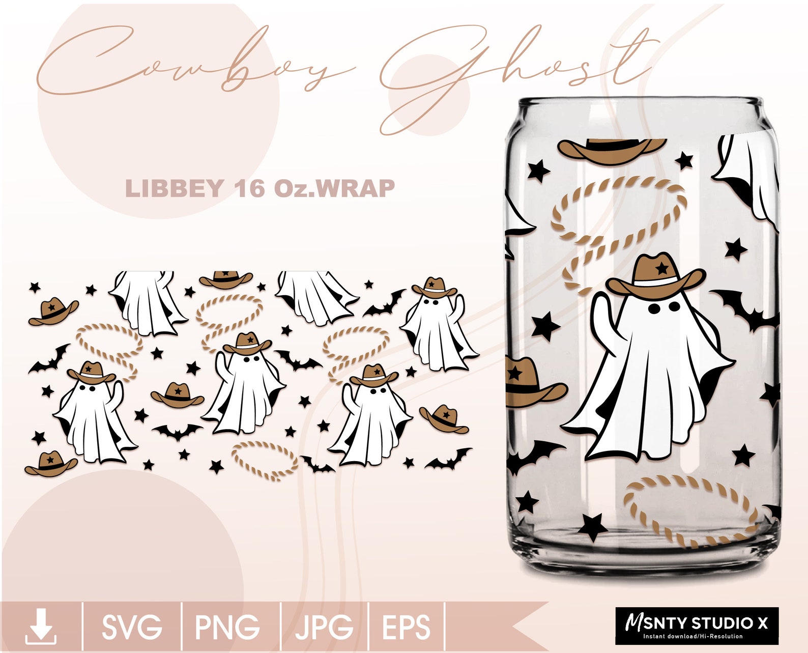 Full Wrap Cute Cowboy Ghost for Libbey 16 Oz Can Glass Cowboy - Etsy
