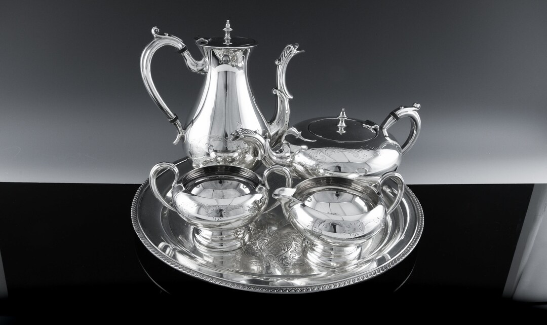 Superb 5pc Antique American Silver Plate Ornate Etched Figural Teaset W ...