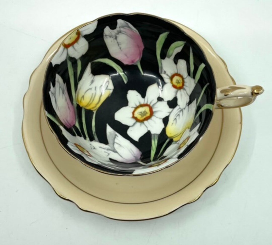 Double Warrant Paragon Black and Peach With Floral Teacup and Saucer - Etsy