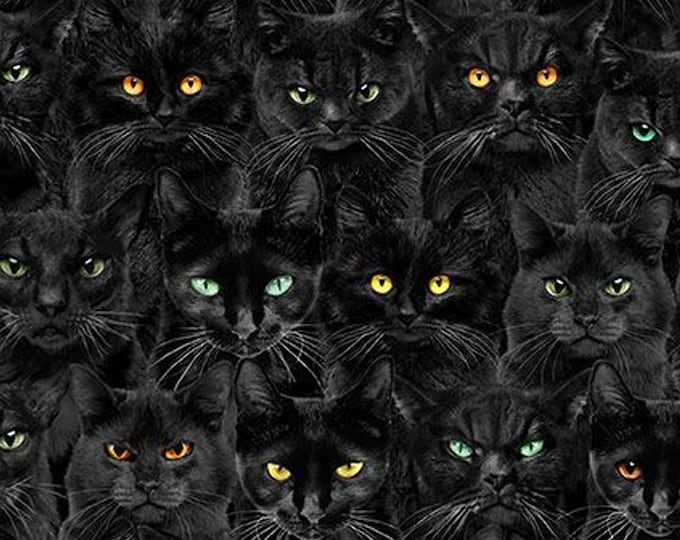 Halloween Fabric Crowd of Black Cats Glaring 100% Cotton Quilting ...