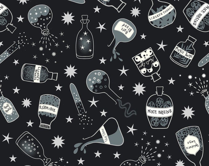 Witch Fabric Witchy by Carola Koberstein Witch Gray Aqua Crystal Ball ...