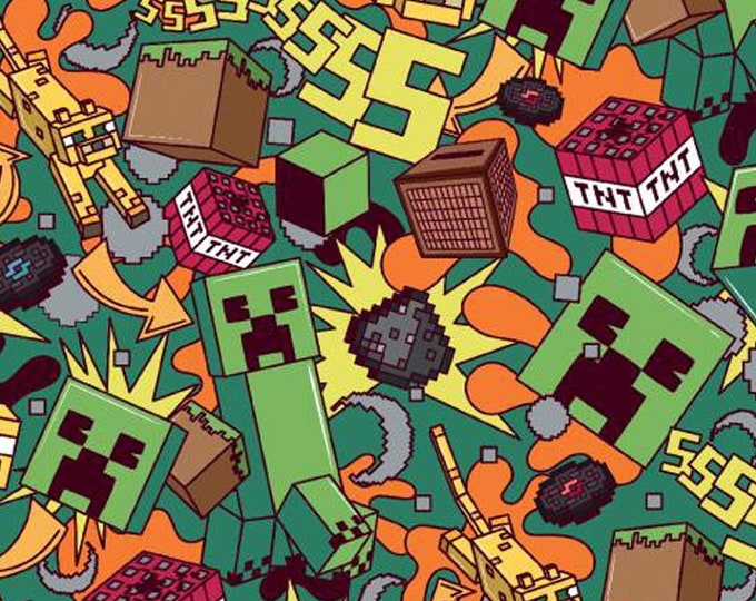 MINECRAFT Fabric -- Minecraft Creepers and TNT Scattered on Green ...