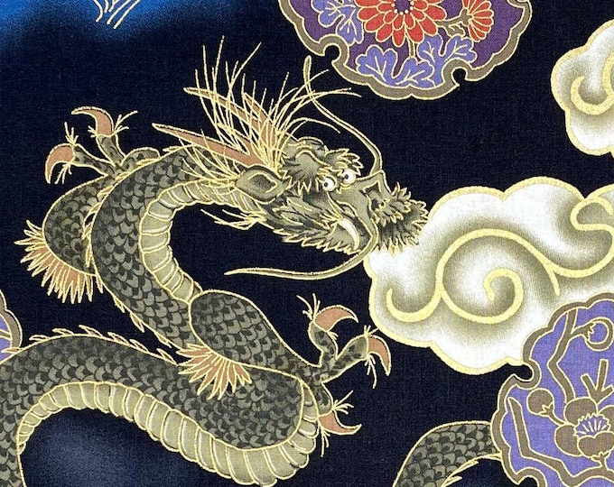 Japanese Fabric -- Large Dragons Flying Through Clouds and Wind With ...