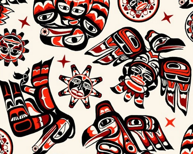 Animals in Northwest Native American Formline Art Style on White Cotton ...