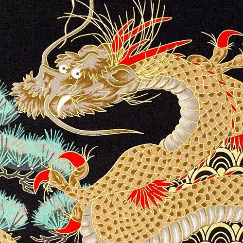 Japanese Fabric Large Crane and Dragon on Dark Red With - Etsy