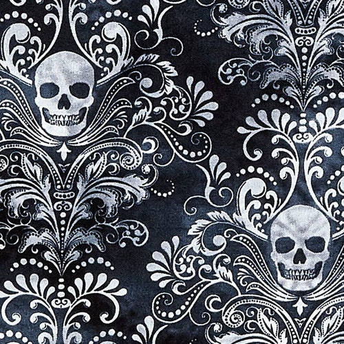 Halloween Fabric Small Damask Pattern With Skulls on Black - Etsy