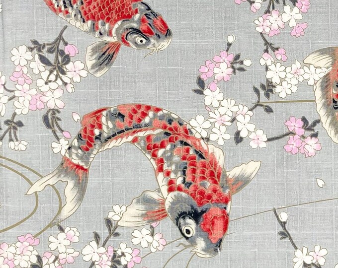 Japanese DOBBY Fabric Koi Fish Swimming Among Cherry Blossoms on Light ...