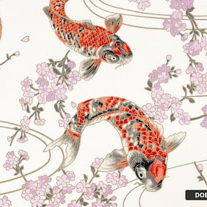 Japanese DOBBY Fabric Koi Fish Swimming Among Cherry Blossoms on Off ...
