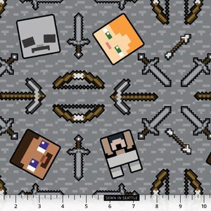 MINECRAFT Fabric -- Minecraft Heads Repeated With Swords and Arrows on ...