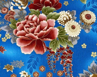 Japanese Fabric Traditional Kimono Clam Pattern in Blues, Black and ...